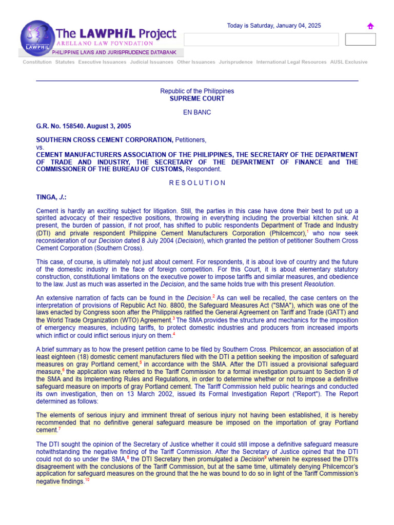 Southern Cross Cement Corporation v. Cement Manufacturers Association ...