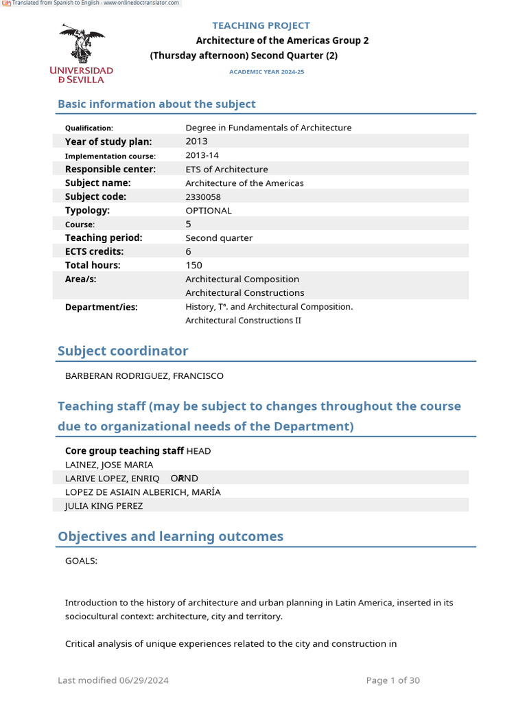 Proyecto - DOCENTE - ARQUITECTURA DE LAS AMERICAS - 2024-25.es - en | PDF | Knowledge | Evaluation