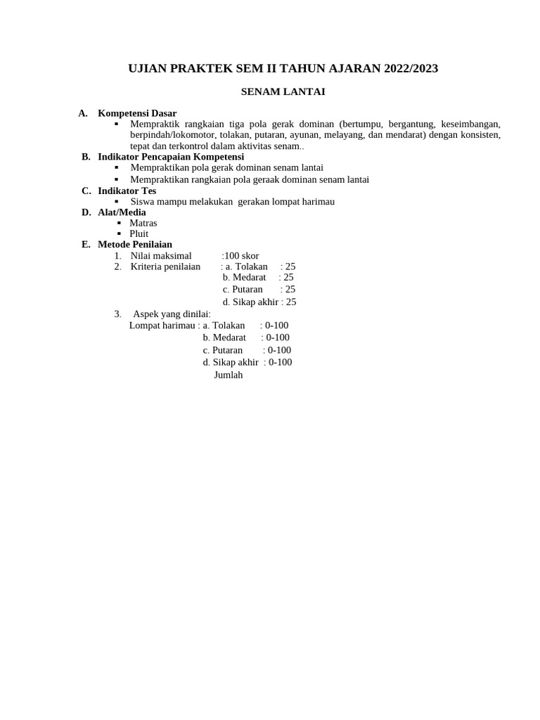 Format Penilaian Ujian Praktek Pjok Kelas Vi 2023 | PDF