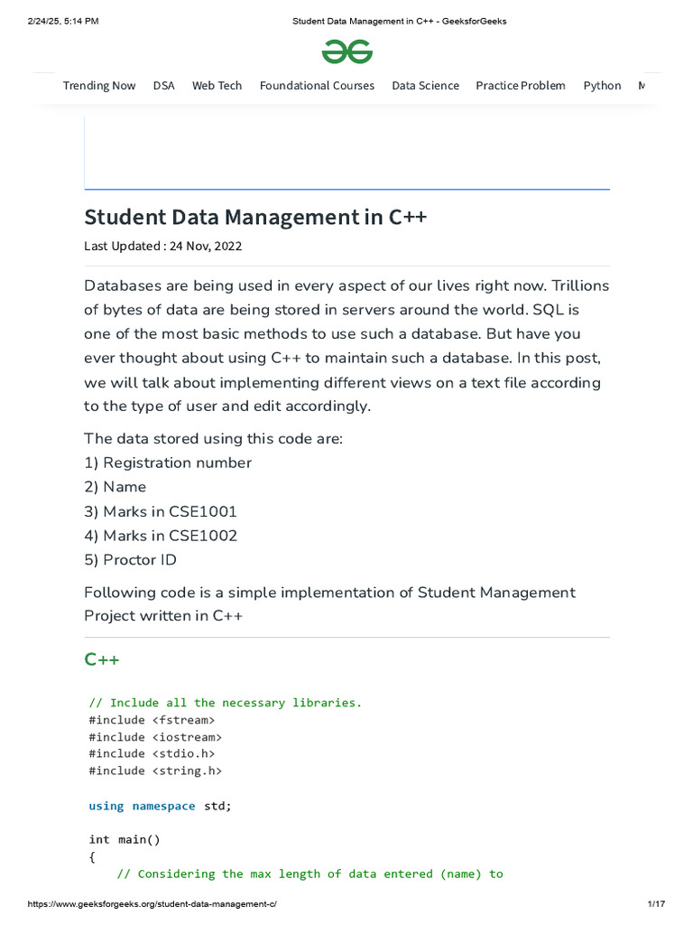 Student Data Management in C++ - GeeksforGeeks | PDF | Databases | C++