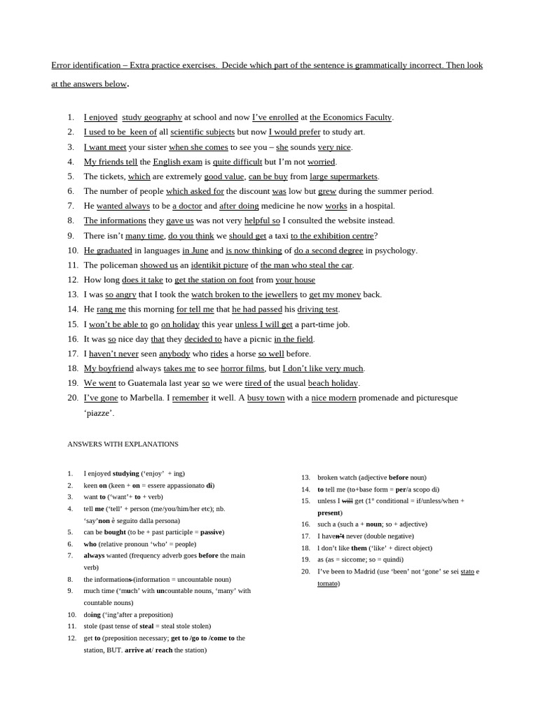 English Error Identification Exercises | PDF | Verb | Noun