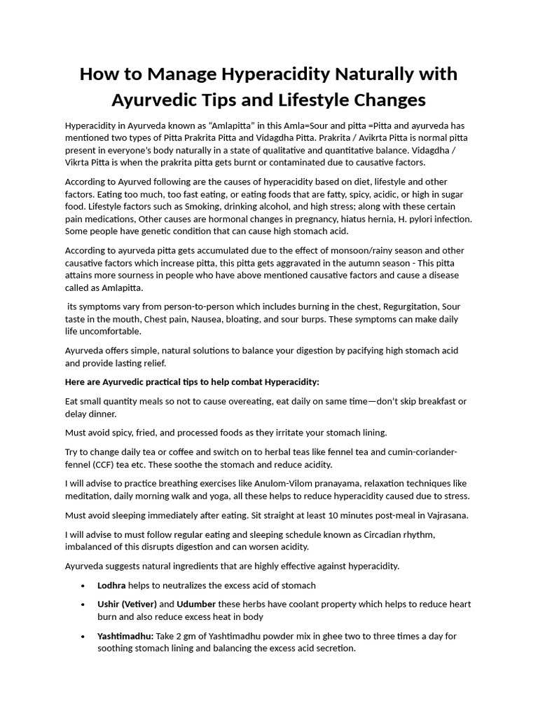 How To Manage Hyperacidity Naturally With Ayurvedic Tips and Lifestyle Changes | PDF ...
