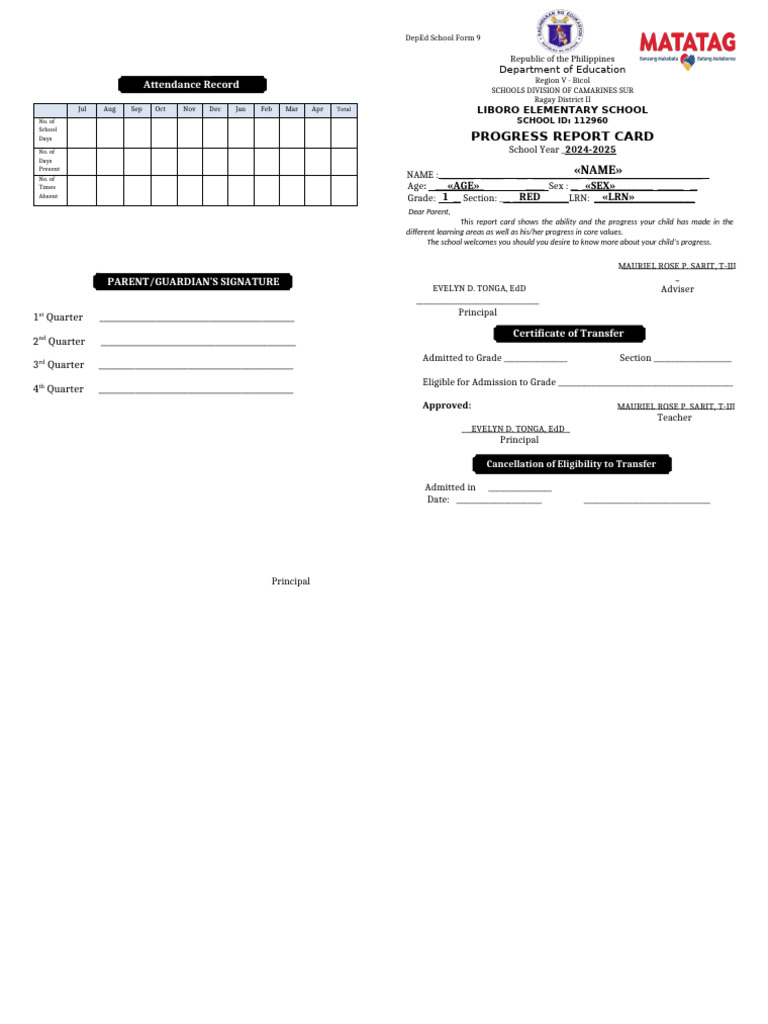 GRADE 1 MATATAG SF9 Report Card Side B | PDF