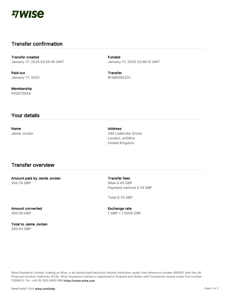 Wise Transaction Invoice Transfer 1380092231 4649458003 en | PDF ...