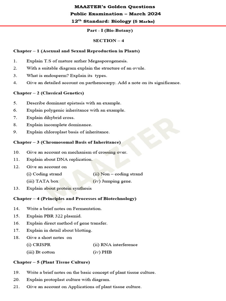 12th Biology Exam Questions March 2024 | PDF | Gene | Genetics