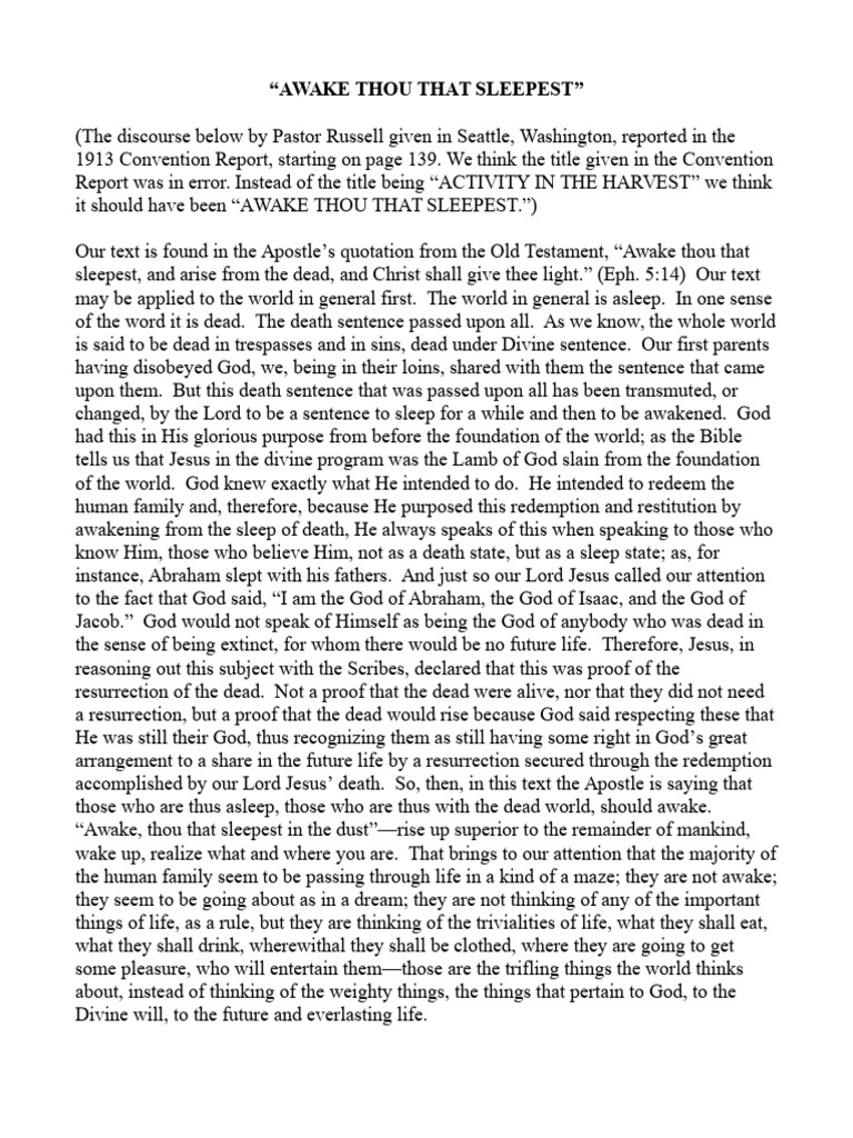 Awake Thou That Sleepest - Charles Taze RUSSELL - 598 | PDF | Eternal ...