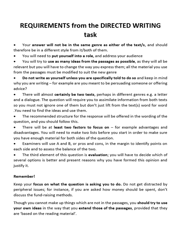 REQUIREMENTS from the DIRECTED WRITING task | PDF | Reason | Vocabulary