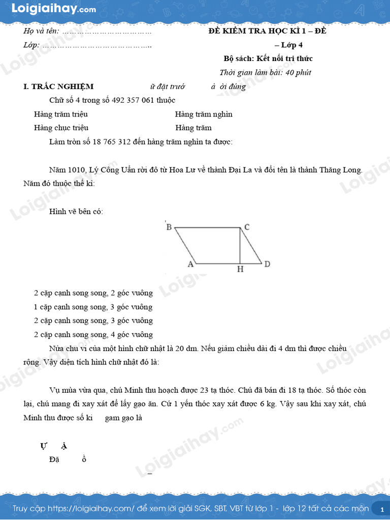 De Kiem Tra Hoc Ki 1 Toan 4 Ket Noi Tri Thuc de So 4 1700465344 | PDF