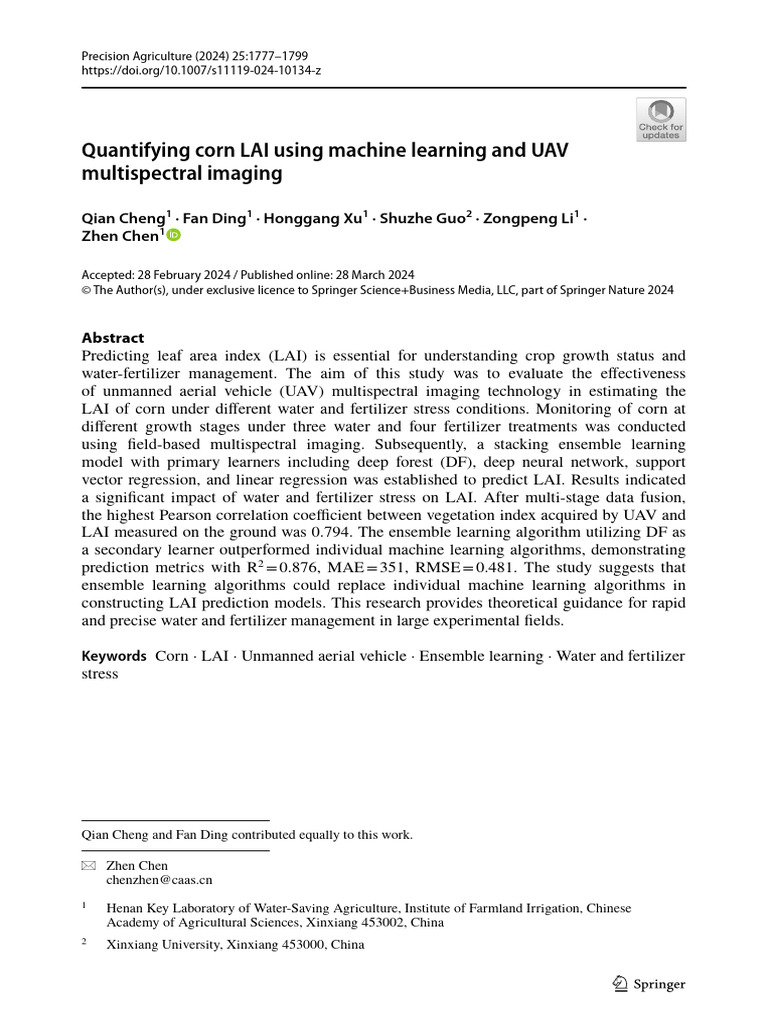 2024 - Quantifying Corn LAI Using Machine Learning and UAV... | PDF | Machine Learning | Deep ...