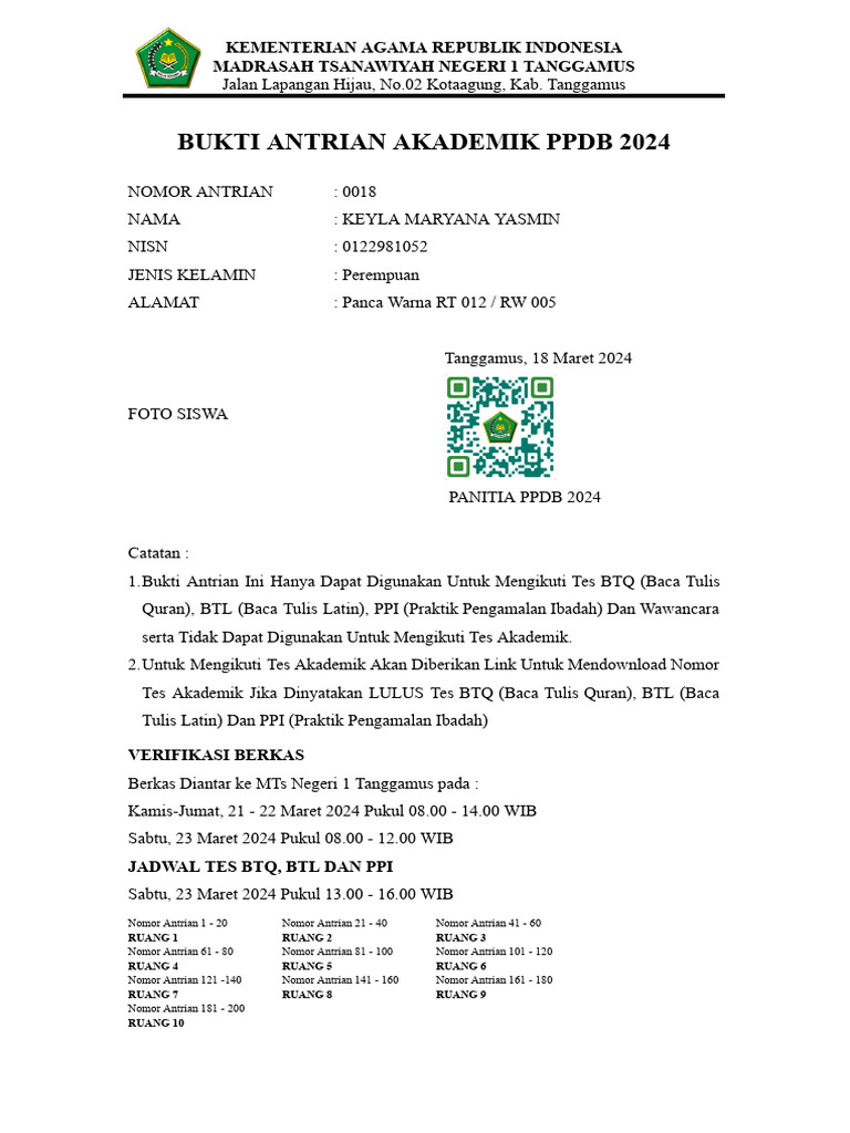 Bukti Antrian PPDB Kelas Unggul 2024 - 2025 Keyla Maryana Yasmin | PDF