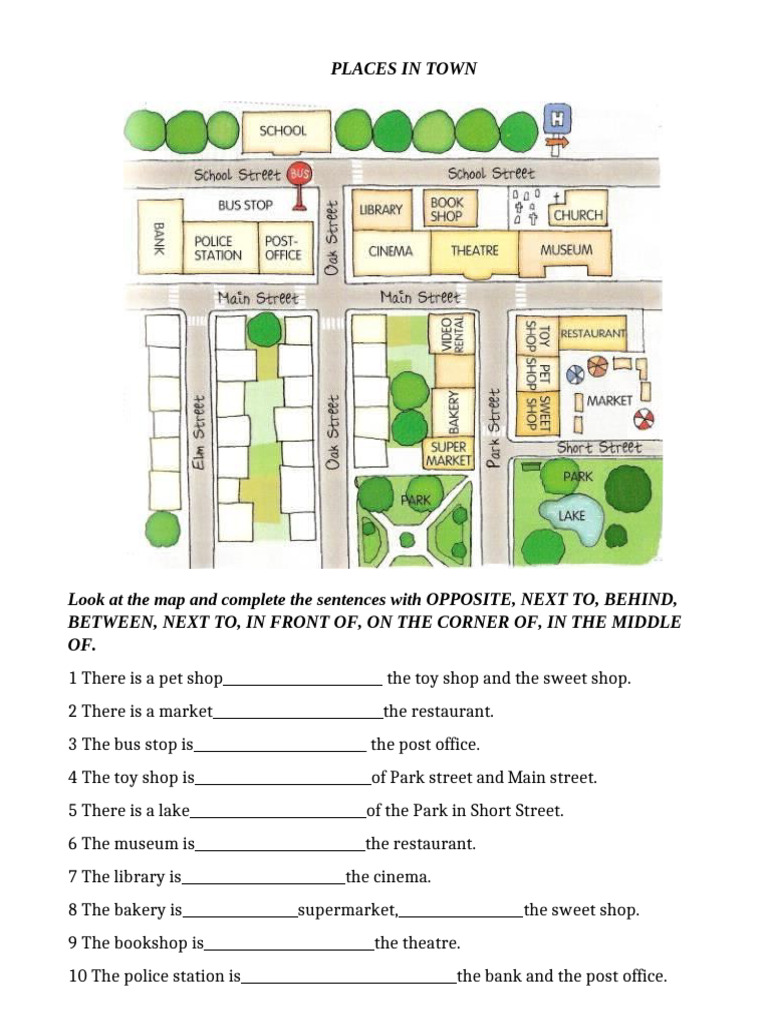 Places in A Town and Prepositions | PDF