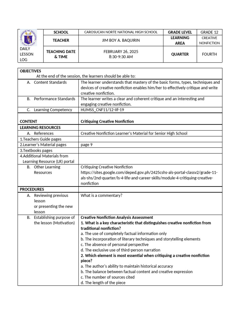 Day 2 - Mini Critique | PDF | Learning | Creative Nonfiction