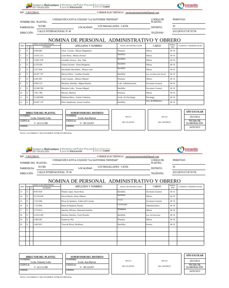 Nómina De Personal Colegio La Santísima Trinidad Pdf
