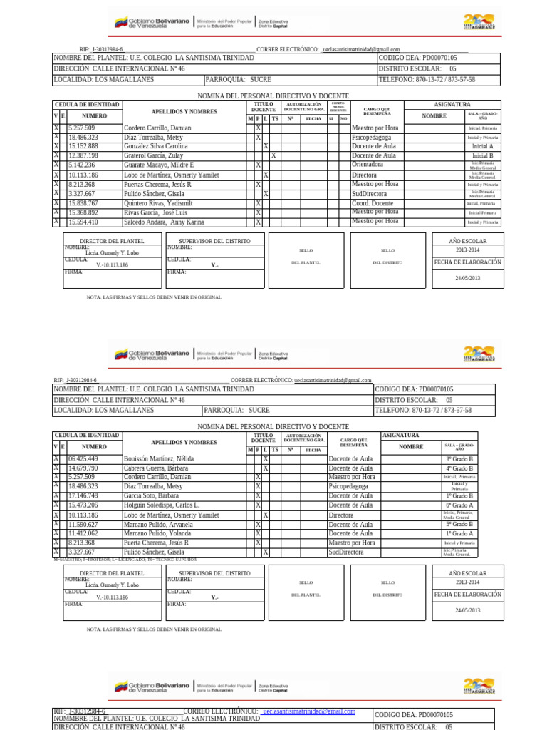 Nómina Personal Directivo y Docente | PDF