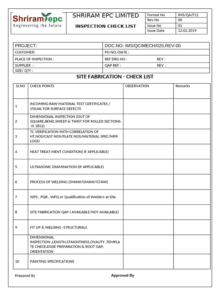 Site Fabrication Inspection Checklist | PDF