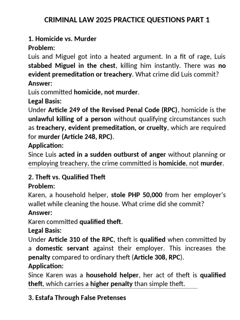 Criminal Law 2025 Practice Questions Part 1 | PDF | Murder | Crimes