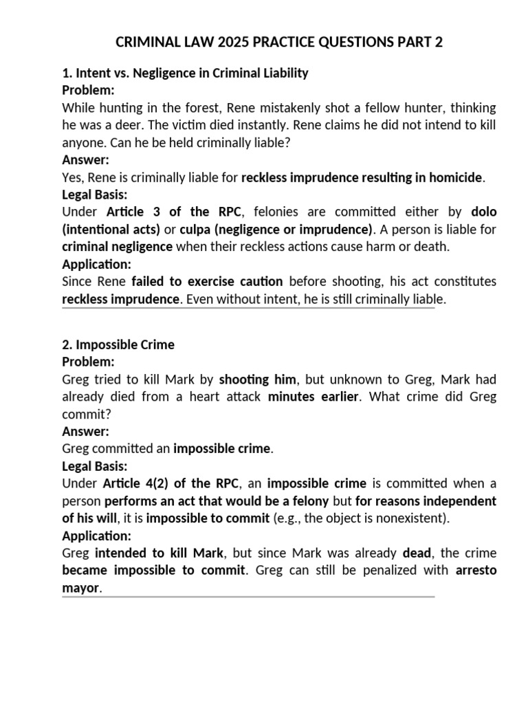 Criminal Law 2025 Practice Questions Part 2 | PDF | Crimes | Crime ...