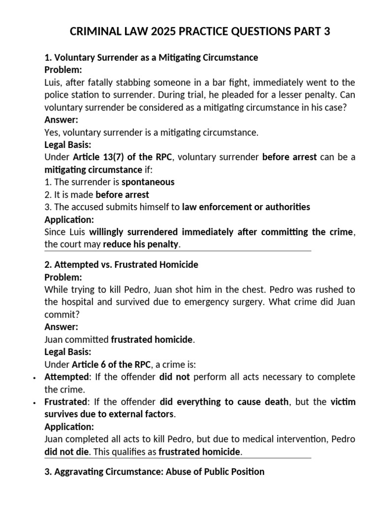 Criminal Law 2025 Practice Questions Part 3 | PDF | Entrapment | Crimes