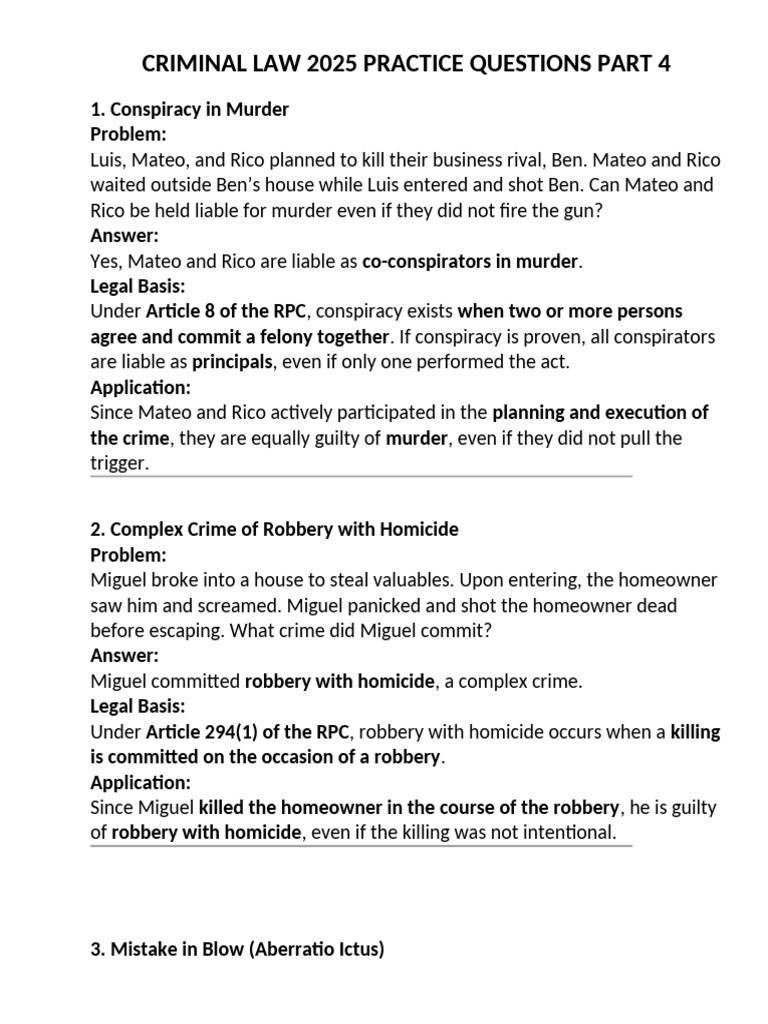 Criminal Law 2025 Practice Questions Part 4 | PDF | Crimes | Crime ...