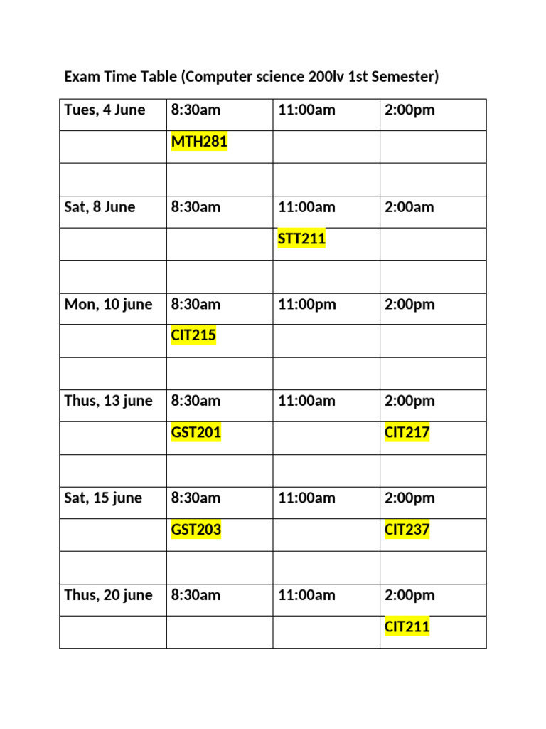 200LV 1st Semester Exam Time Table | PDF