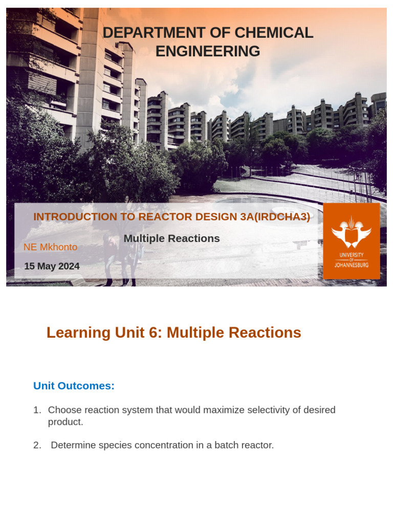 Unit 6 - Multiple Reactions | PDF | Chemical Reactor | Chemical Reactions