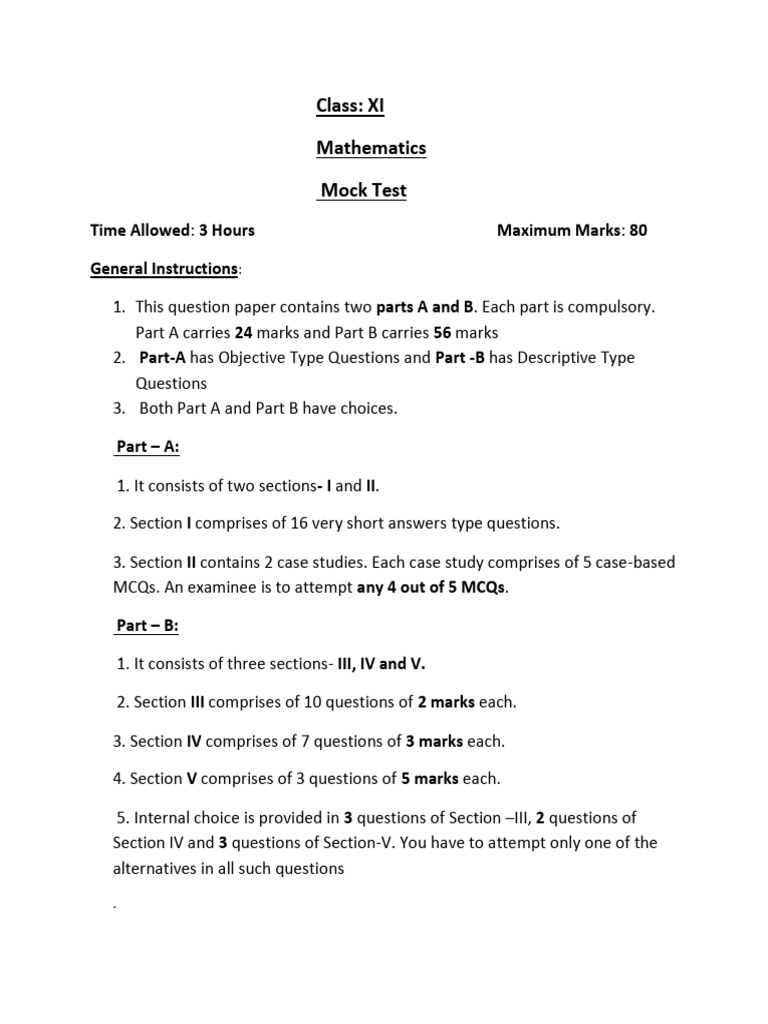 Class XI Mathematics Mock Test Paper | PDF | Euclidean Geometry | Geometry