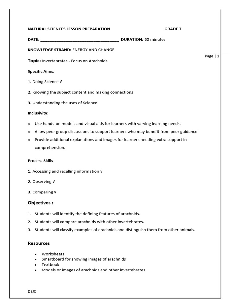 Grade 7 Natural Sciences Animal Kingdom Invertebrates Lesson Plan | PDF ...