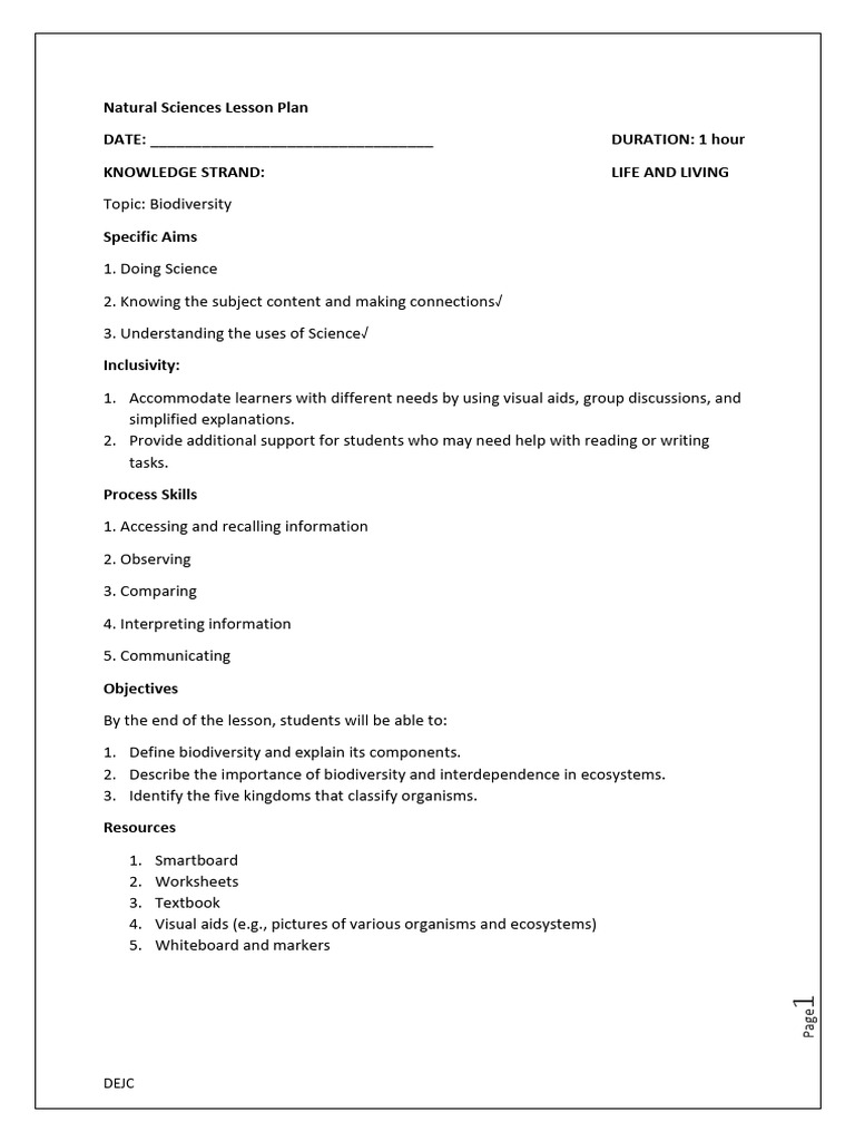 Grade 7 Natural Sciences Biodiversity Lesson Plan | PDF | Biodiversity ...