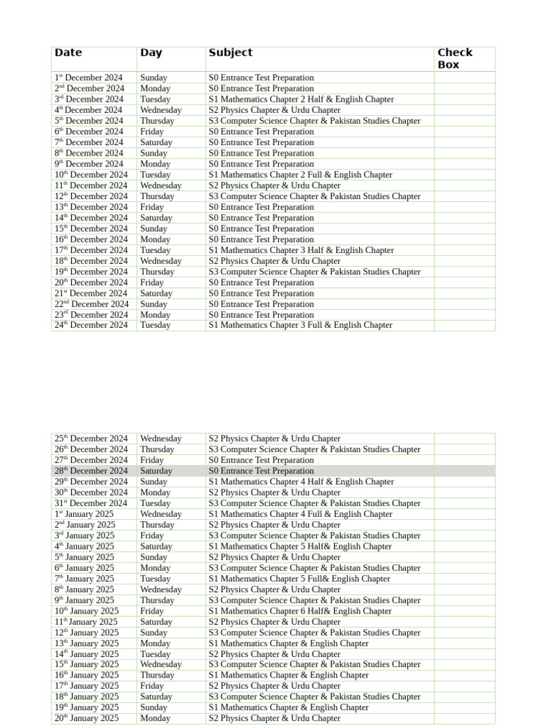 December 2024 to January 2025 Scedule | PDF | Science