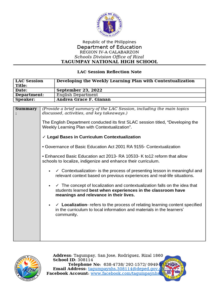 TNHS-LAC-Reflection-Notes-copy | PDF | Teachers | Curriculum