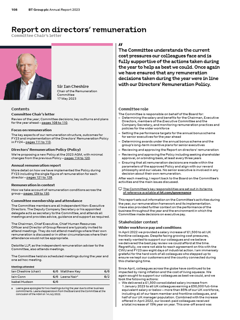 BT Group 2023 Directors' Remuneration Report | PDF | Cost Of Living ...