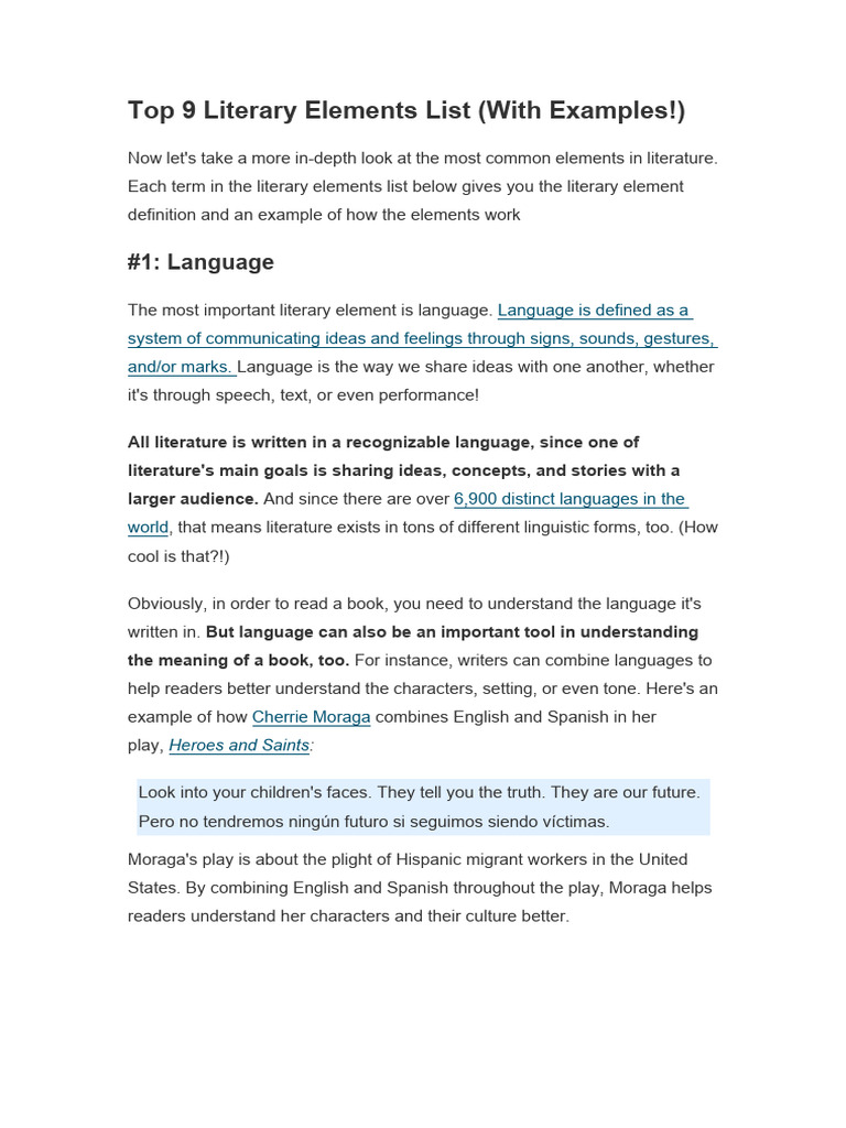 Top 9 Literary Elements List | PDF | Narration | Plot (Narrative)