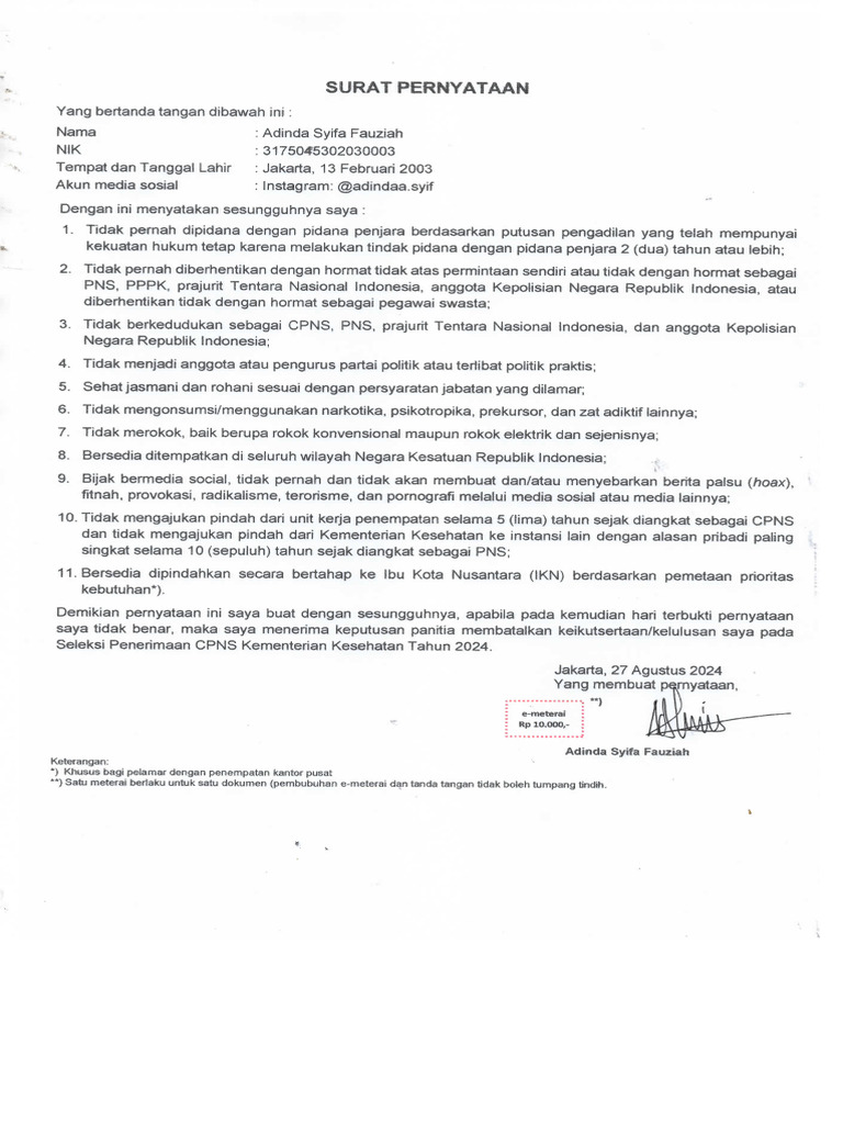 Surat Pernyataan CPNS Syifa | PDF