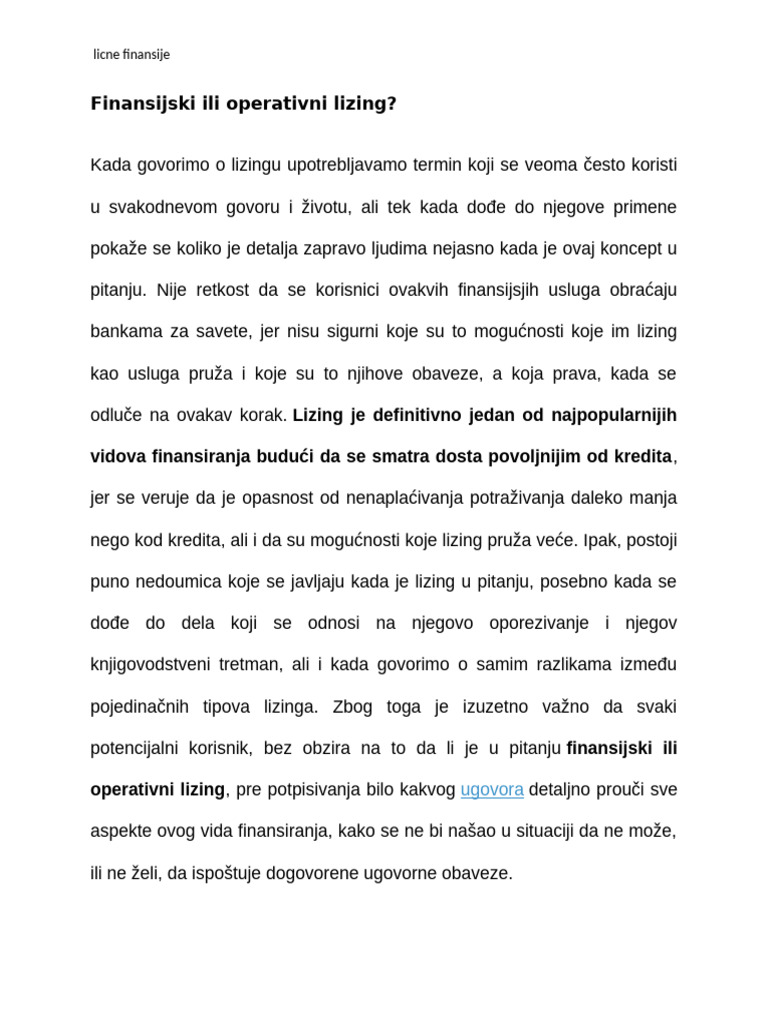Finansijski Ili Operativni Lizing | PDF
