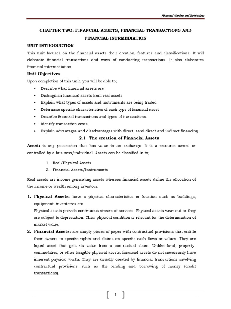 Chapter 2 Financial Assets, Financial Transactions & Intermediation ...