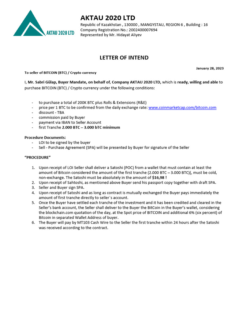 LOI Aktau 2020 For BTC Purchase January 28, 2023 | PDF | Bitcoin | Receipt