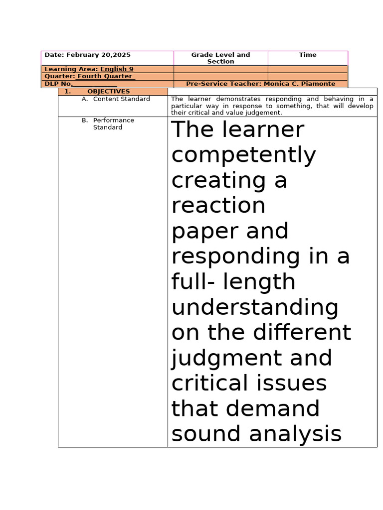 GRADE 9 Value Judgement On Issues - Docx New | PDF | Learning | Knowledge