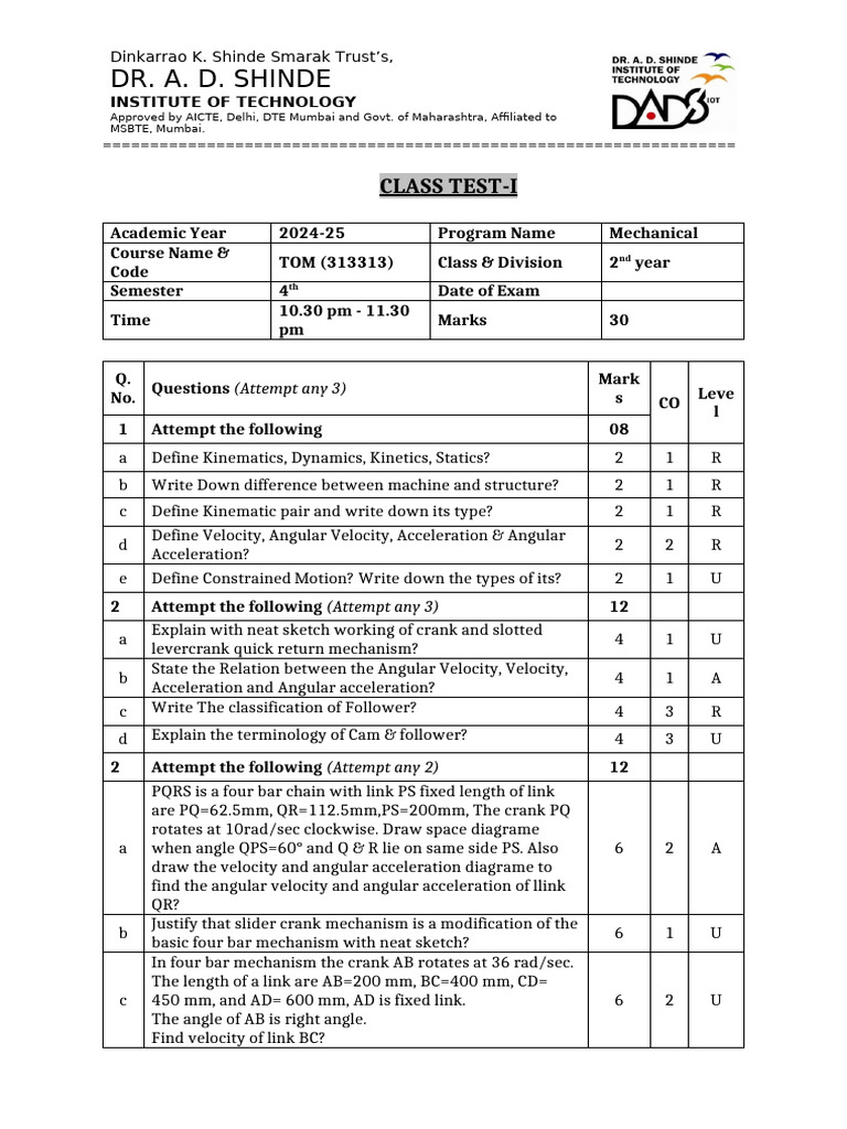 15.class Test Question Paper I (TOM) | PDF | Kinematics | Velocity