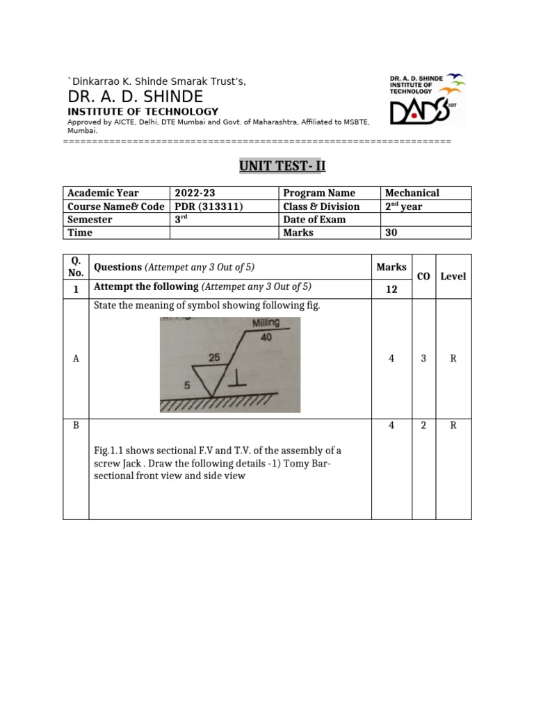 Mechanical Engineering Unit Test 2022-23 | PDF
