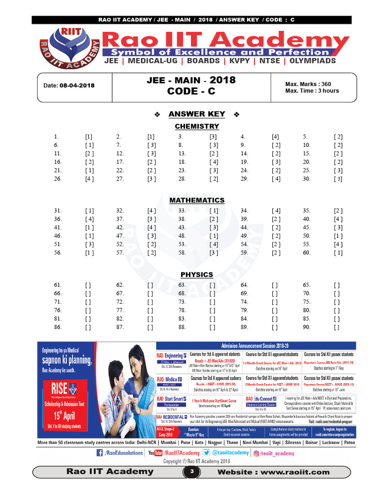 JEE Main 2018 Answer Key Code C | PDF | Career And Technical Education ...