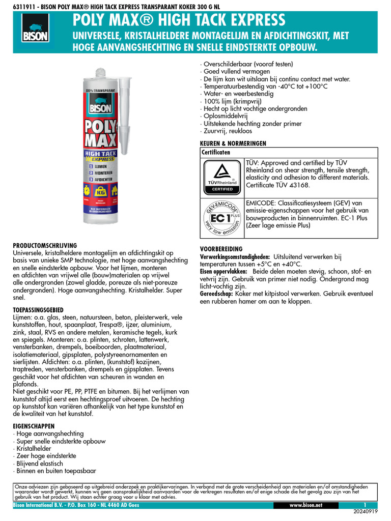 Bison Polymax Specs Sheet | PDF