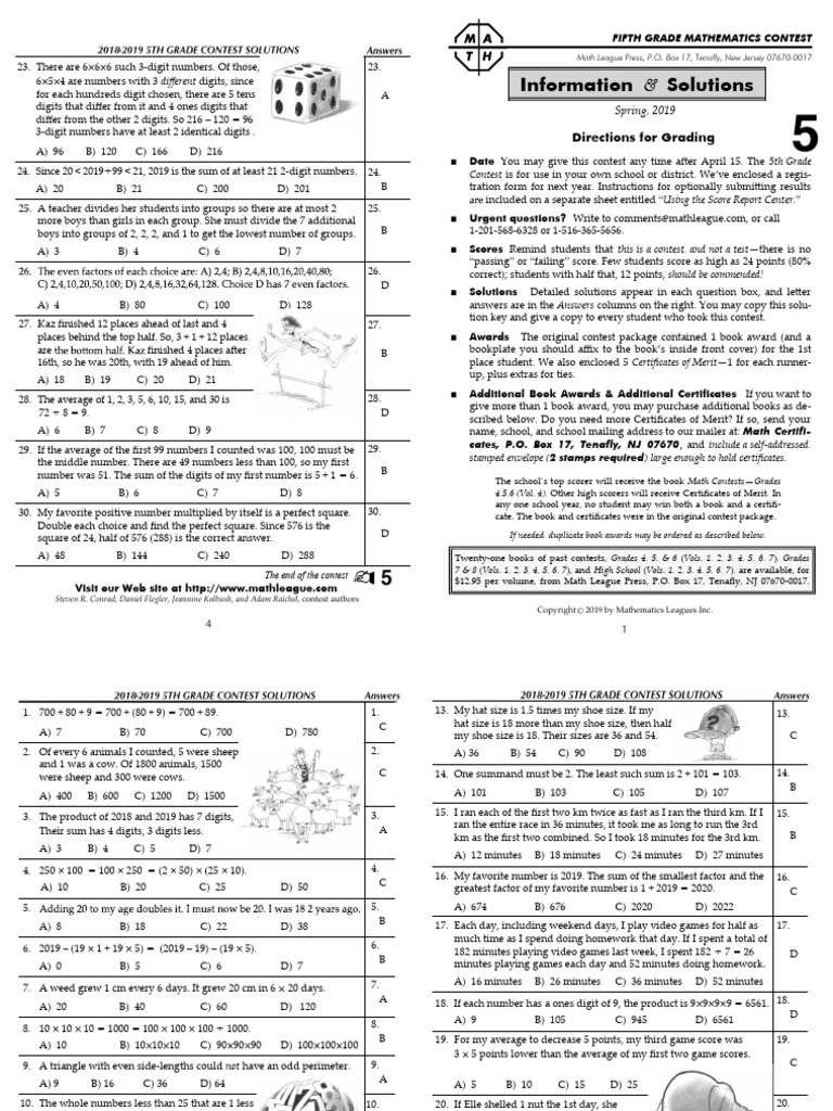 5th Grade Math Contest Solutions | PDF