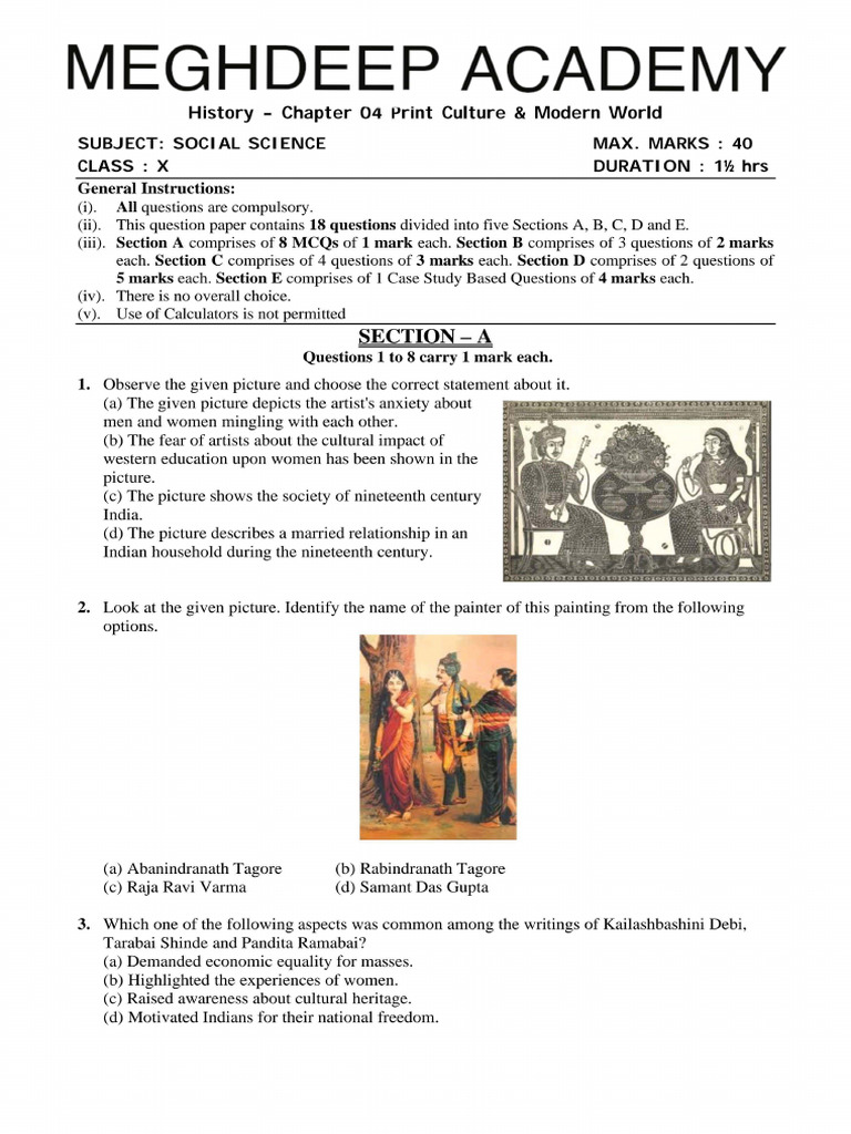 Social Science Class X Practice Paper 12 History C 250224 110507 | PDF