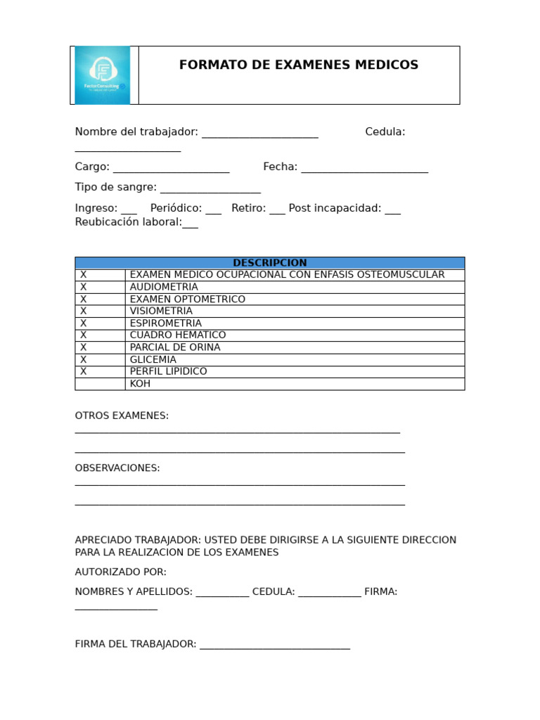 Formato de Examen Medico | PDF