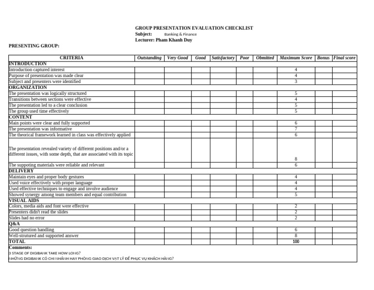 Group Presentation Evaluation Checklist | PDF | Cognition | Human Communication