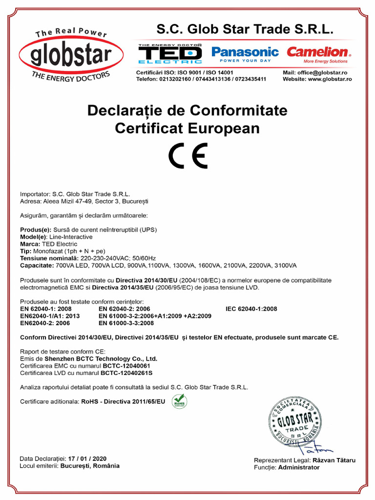 Declaratie de Conformitate UPS Cu 2 Prize TED DZ088389 | PDF