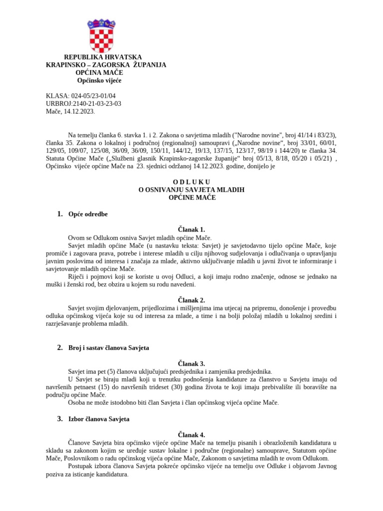 Odluka o Osnivanju Savjeta Mladih OPCINSKO VIJECE | PDF
