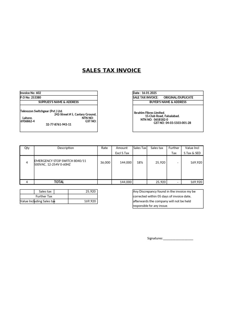 Invoice # 0125-602 Dated 16-01-25 Ibrahim Fibres LTD | PDF