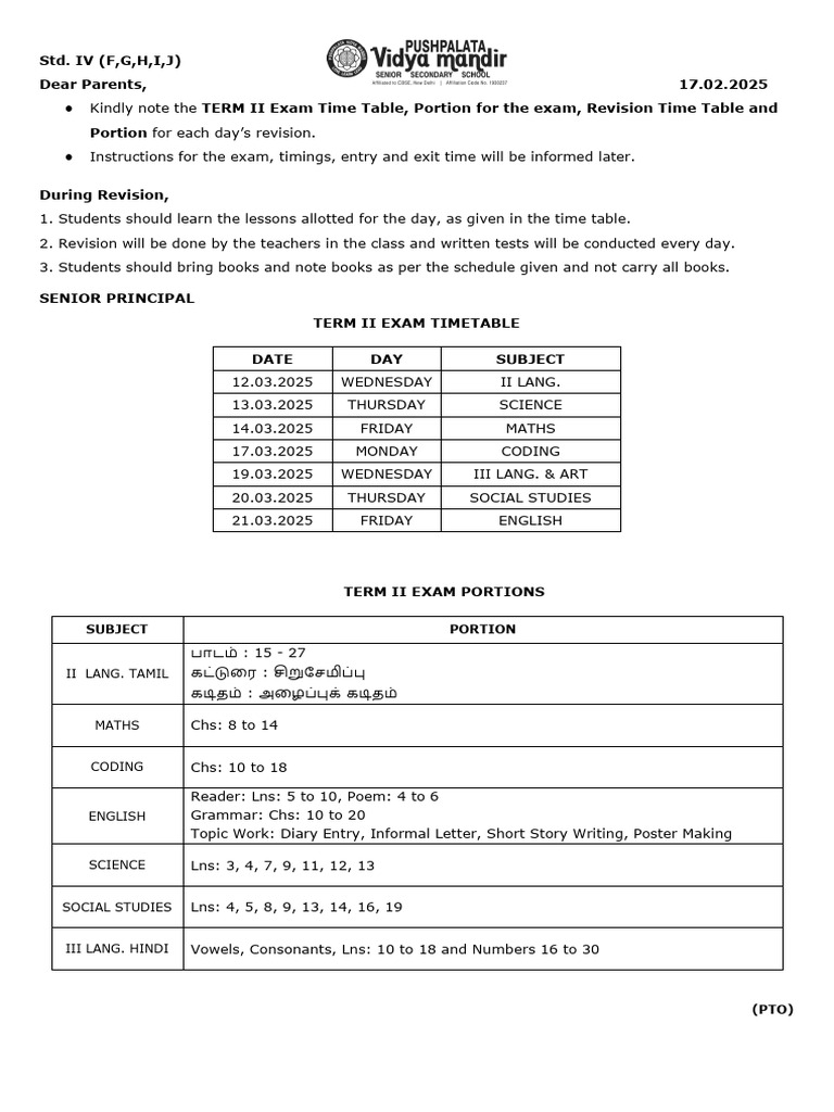 Std. Iv Fghij Term Ii Exam Time Table and Portions | PDF | Grammar ...