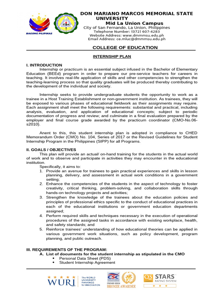DMMMSU Education Internship Plan | PDF | Evaluation | Cognition